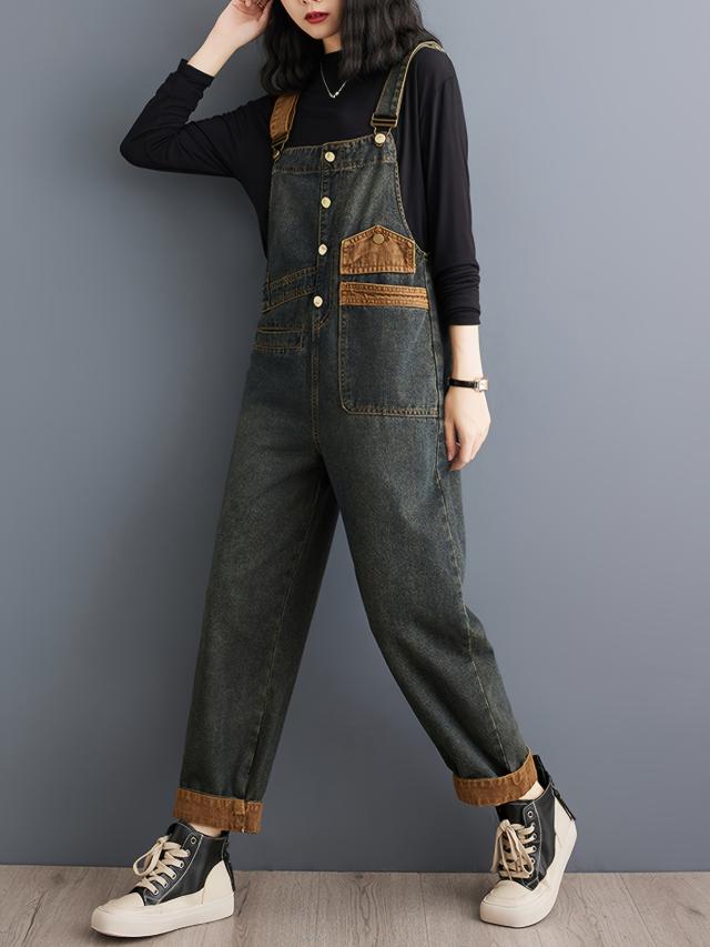 レディースデニムオーバーオール、カジュアルなショルダーストラップパンツ、長袖ノースリーブ、ウエストレス、無地、ゆったりフィット、ユニセックス、オールシーズン、織物