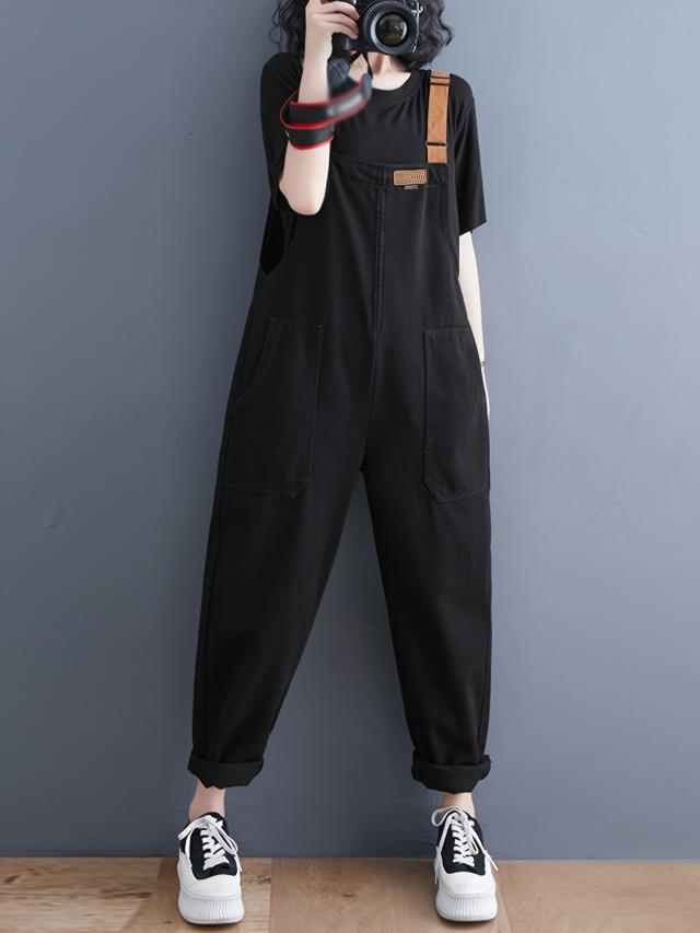 カジュアルスタイルの調節可能なストラップ付きソフトヴィンテージデニムオーバーオールジャンプスーツ、女性用、無地洗い、コットンブレンドハーレムジーニーパンツ、非伸縮性織物、オールシーズン - アイテム5578
