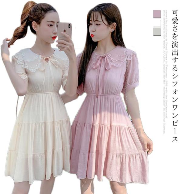 ワンピース レディース シフォンワンピース ミディアムワンピース 膝上丈ワンピース フレアワンピース 半袖 無地 二重襟 リボン かわいい フレア 薄手 裏地付き キレイめ エレガント ふんわり 夏物 夏新作