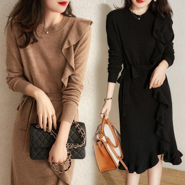 ニットワンピース レディース 40代 秋冬 長袖ワンピース フレアニット ロング丈スカート フェイクウール ニットインナー 無地セーター オシャレ 韓国風 大人