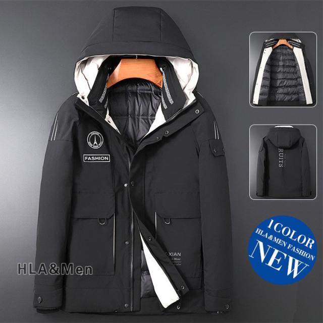 防寒着 ダウンジャケット メンズ 白ダウン 保温 フード付き アウトドア 英字 あったか アウター