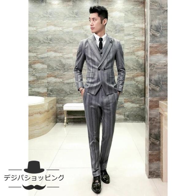 秋春★ストライプスーツ ジャケット+パンツ+ベスト フォーマルスーツ3ピーススーツ 紳士用ビジネススリムメンズ 結婚式OL通勤20代30代40代 洗える