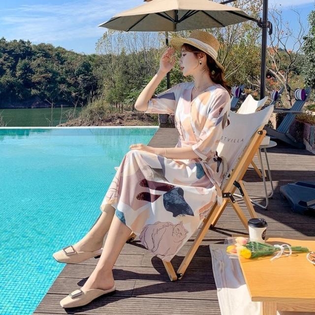 ワンピース レディース ワンピース キレイめ 膝丈ワンピース 夏 半袖 シフォンワンピ 配色 ロング丈ワンピ オシャレ Vネックワンピース 通勤 着痩せ