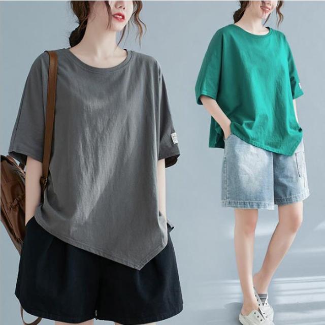 Tシャツ レディース 半袖 トップス ゆるTシャツ 丸首 大きいサイズ プルオーバー カジュアル 着痩せ 上着 夏新作 可愛い 体型カバー ルームウェア 2021