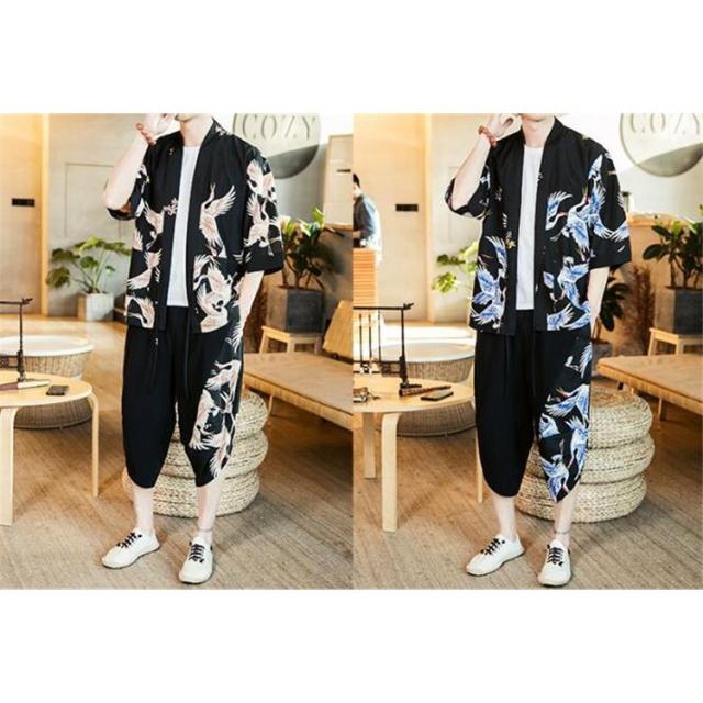上下２点セット綿麻リネンカーディガン通気性メンズジャケットトレーナ和服風甚平サルエルパンツ鶴柄春夏 上下2点セット綿麻リネンカーディガン通気性メンズジャケットトレーナ