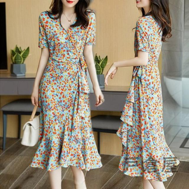 ワンピース レディース 2021 マキシワンピース 春夏 半袖ワンピース vネック 花柄マーメイドスカート オシャレ韓国風 上品 結婚式ドレス 通勤 お出かけ
