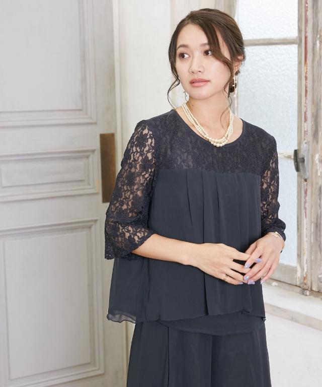 ドレス セットアップ レース切替 ブラウス ＋ワイド パンツ S/M/L/LL