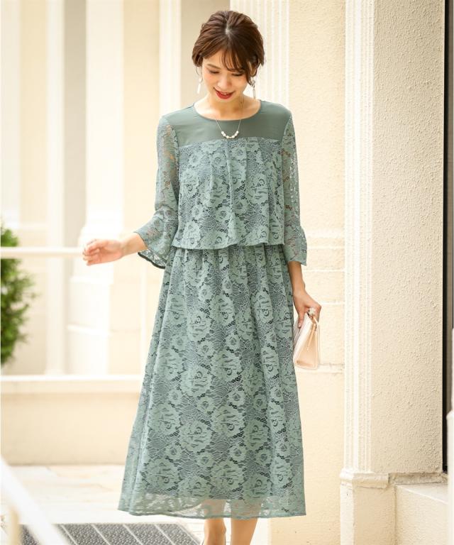 ドレス パーティー レース切替 フレア ワンピース LL/3L 大きいサイズ 結婚式 二次会 お呼ばれ セミフォーマル グレイッシュグリーン/ネイビー レディース ニッセン nissen ドレス パーティー レース切替 フレア ワンピース LL/3L 大きいサイズ