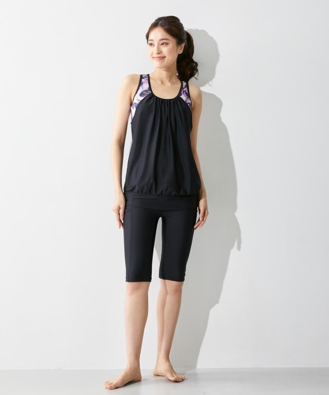 水着 レディース ブラ一体型 タンクトップ 2点セット ネイビー