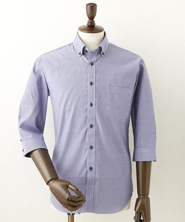 ワイシャツ メンズ 形態安定 7分袖 ネクタイ 生地切替 デザイン ネイビーストライプ/ブラックチェック M/L/LL ニッセン nissen ...