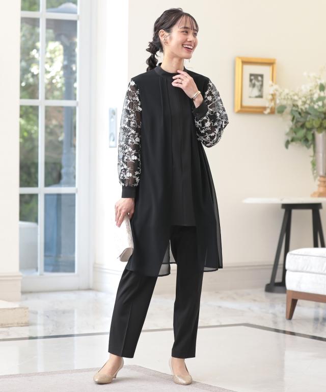 ドレス パンツ レディース 結婚式 パーティー 袖チュール レース フロントファスナー ロング ブラウス ＋ セットアップ 有 ベージュ系/黒系 LL/3L ニッセン nissen