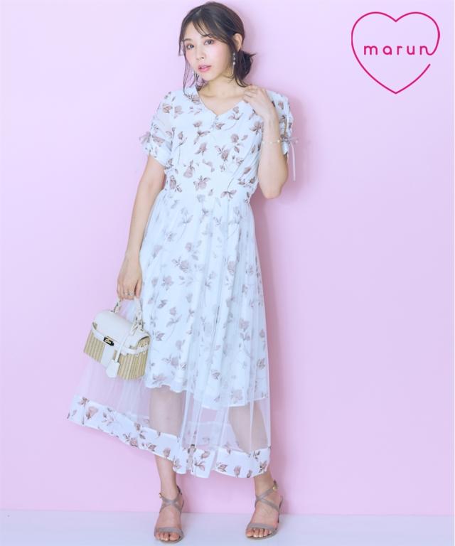 ワンピース ロング マキシ 大きいサイズ レディース フラワー プリント オーバーチュール marun ひざ下 L/LL/3L/4L/5L ニッセン nissen