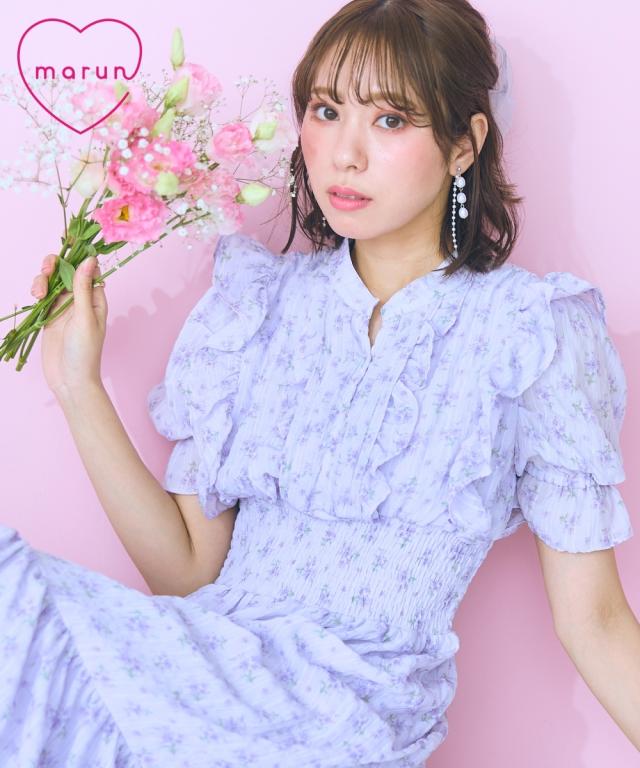 ワンピース ロング マキシ 大きいサイズ レディース フリル デザイン フラワー プリント marun  ひざ下 L/LL/3L/4L/5L ニッセン nissen