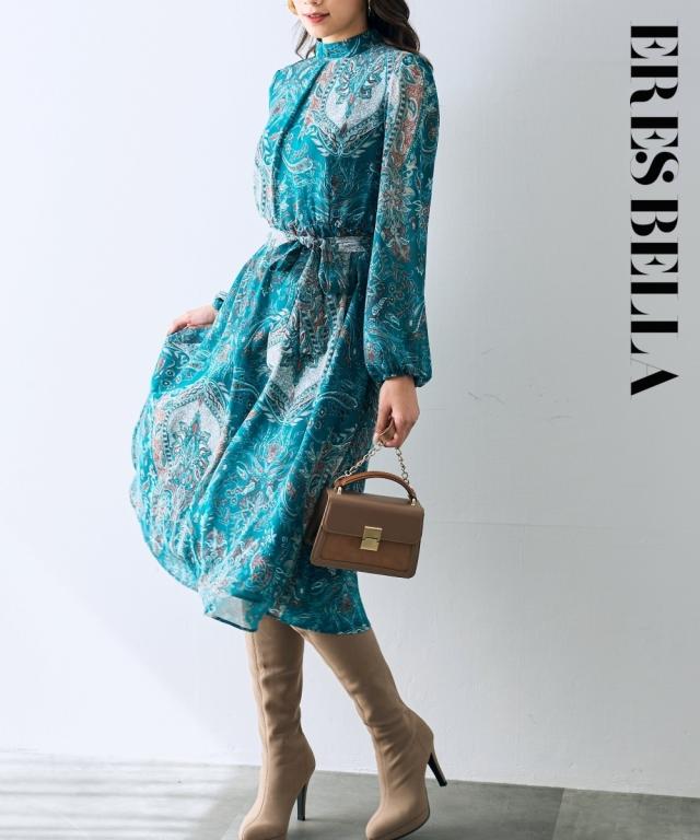 ワンピース ロング マキシ レディース プリント ベルテッド ERES BELLA  ひざ下 LL/3L ニッセン nissen