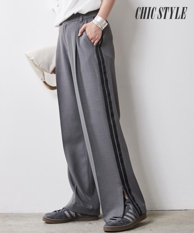 ストレートパンツ レディース サイドライン スラックス シックス タイル 秋 美脚 ボトムス ズボン | L/LL/3L/4L/5L | ニッセン nissen