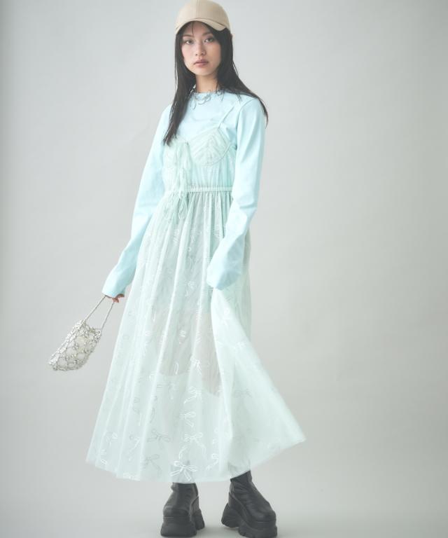 ワンピース ロング マキシ 大きいサイズ レディース リボン プリント チュール キャミソール  ひざ下 L〜3L ニッセン nissen