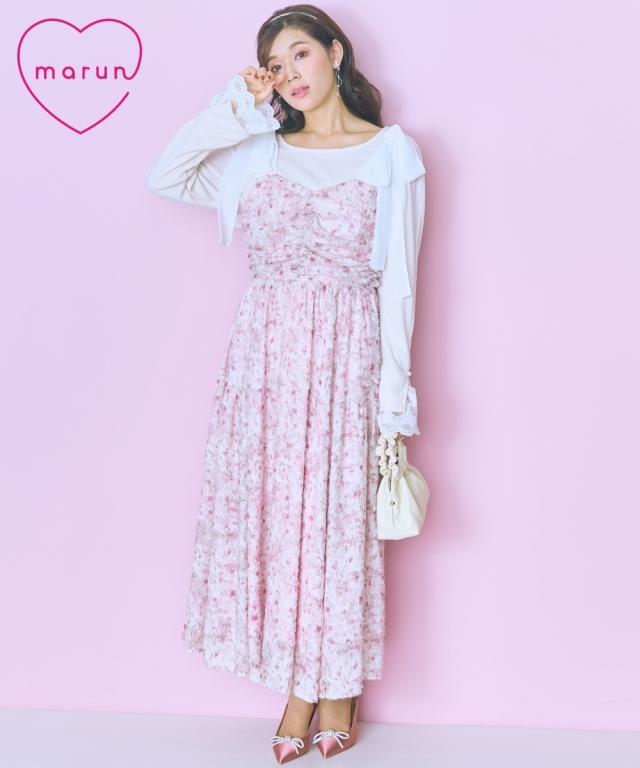 ワンピース ロング マキシ レディース フェザー花柄 デザイン キャミソール marun  ひざ下 L/LL/3L/4L/5L ニッセン nissen