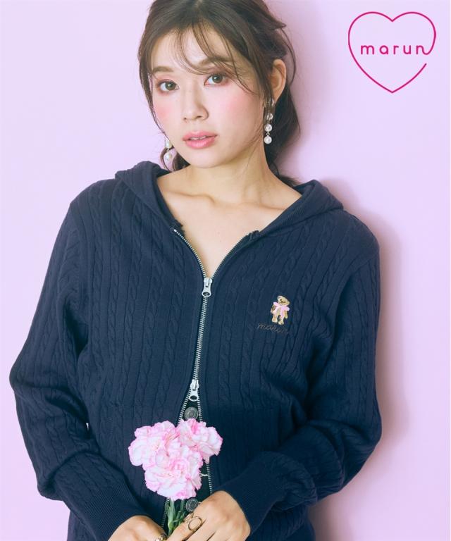 パーカー 大きいサイズ レディース ベア刺しゅうケーブル ニット ダブルジップ marun 冬  フーディ 6L/8L/10L ニッセン nissen