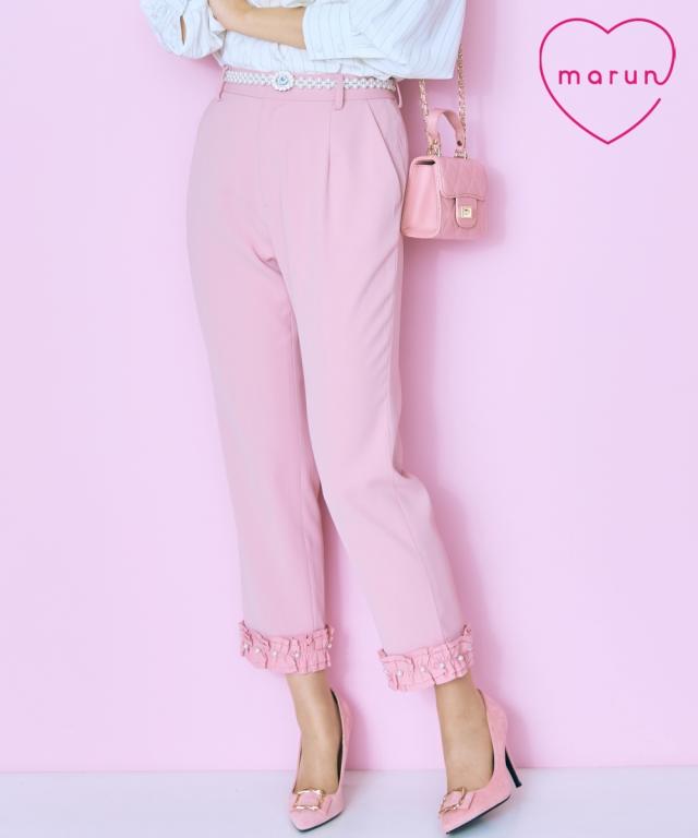 テーパードパンツ 大きいサイズ レディース 異素材フリル裾パール調テーパード パンツ marun  美脚 ボトムス ズボン 6L ニッセン nissen