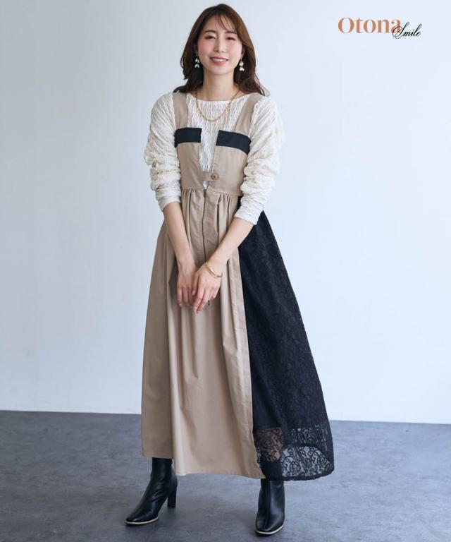 ジャンパースカート レディース サイド レース ジャンパー スカート OtonaSMILE  ジャンスカ ワンピース LL/3L/4L ニッセン nissen