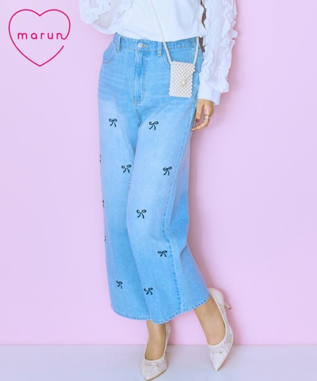 ストレートパンツ 大きいサイズ レディース リボン刺しゅうパール調 デニム パンツ marun  美脚 ボトムス ズボン 6L ニッセン nissen