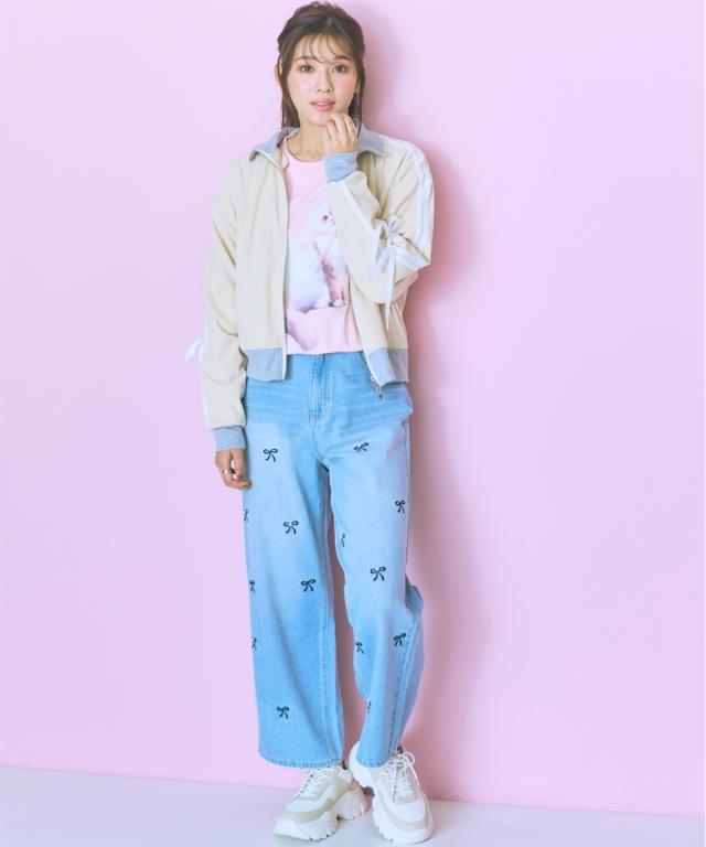 ストレートパンツ 大きいサイズ レディース リボン刺しゅうパール調