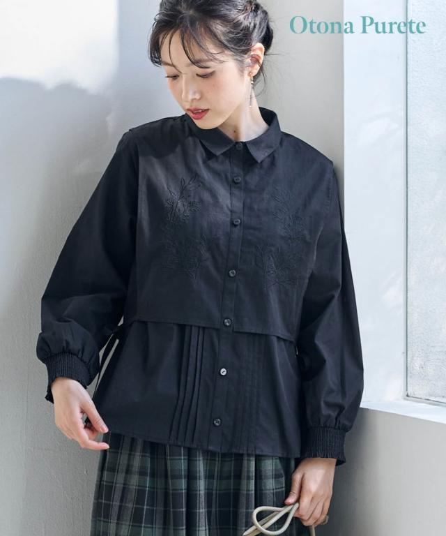 シャツ ブラウス 大きいサイズ レディース 綿100％ フェイクレイヤード刺しゅう Otona Purete 5L/6L ニッセン nissen
