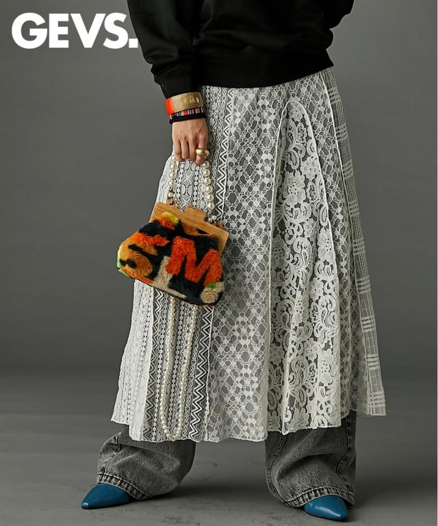 ロングスカート 大きいサイズ レディース レース パッチワーク ロング スカート ペチ 付 有 GEVS.  マキシスカート 長め ロンスカ 6L/8L/10L ニッセン nissen