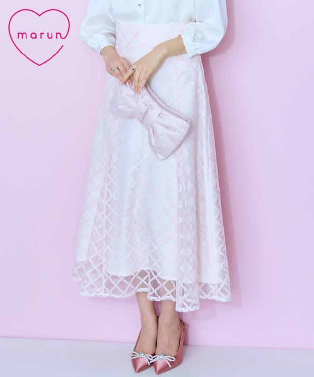 ロングスカート レディース レース チェックフレア スカート marun  マキシスカート 長め ロンスカ L/LL/3L/4L/5L ニッセン nissen