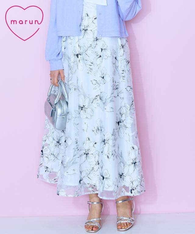 ロングスカート 大きいサイズ レディース オーガンジーシアー花柄 スカート marun  マキシスカート 長め ロンスカ 6L/8L/10L ニッセン nissen