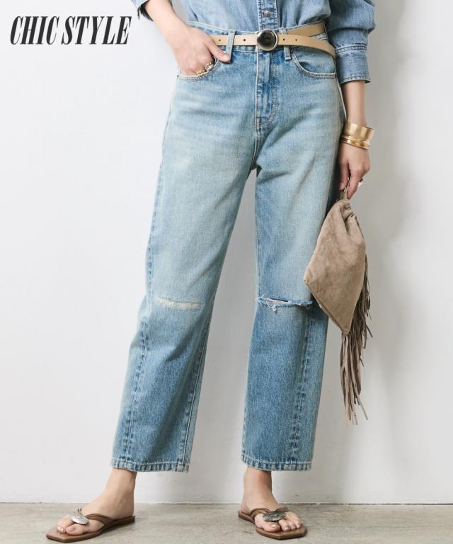 ストレートパンツ 大きいサイズ レディース 綿100％ ヴィンテージ風9分丈 デニム パンツ 有 シックス タイル  美脚 ボトムス ウエスト92〜122cm ニッセン nissen