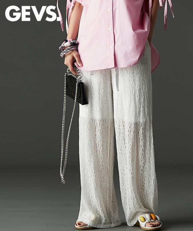 ワイドパンツ 大きいサイズ レディース ストレッチ レース ワイド パンツ 有 GEVS.  ゆったり 体型カバー 美脚 ボトムス ズボン 6L/8L/10L ニッセン nissen