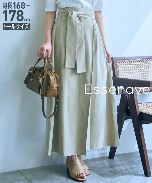 ロングスカート トールサイズ レディース 高身長 綿100％ ベルテッドラップ風 スカート Essenave 夏 マキシスカート 長め ロンスカ LL/3L/4L/5L ニッセン nissen