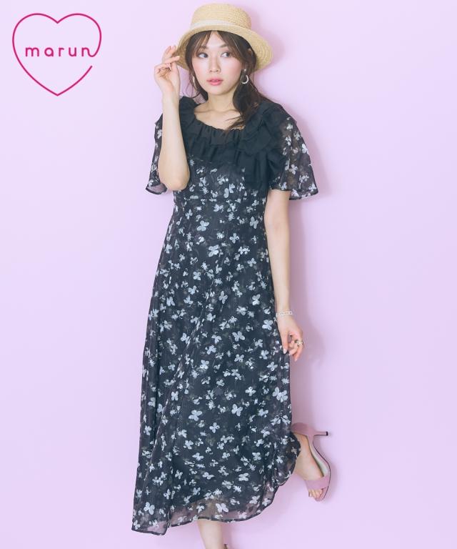 ワンピース ロング マキシ レディース 衿元チュールドッキング marun 夏 ひざ下  | L/LL/3L/4L/5L | ニッセン nissen