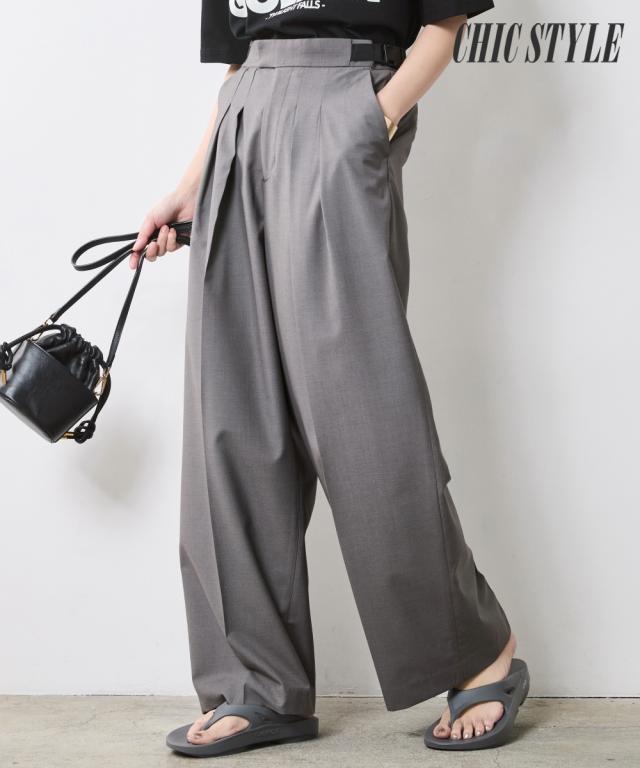 ワイドパンツ 大きいサイズ レディース タックワイド パンツ 有 シックス タイル 春 夏 秋 ゆったり 体型カバー 美脚 ボトムス  | 6L/8L/10L | ニッセン nissen