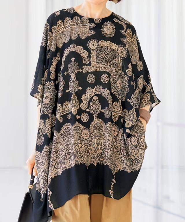 シャツ ブラウス パネル プリント ポンチョ風オーバー アトランダム 夏 | M〜L | ニッセン nissen