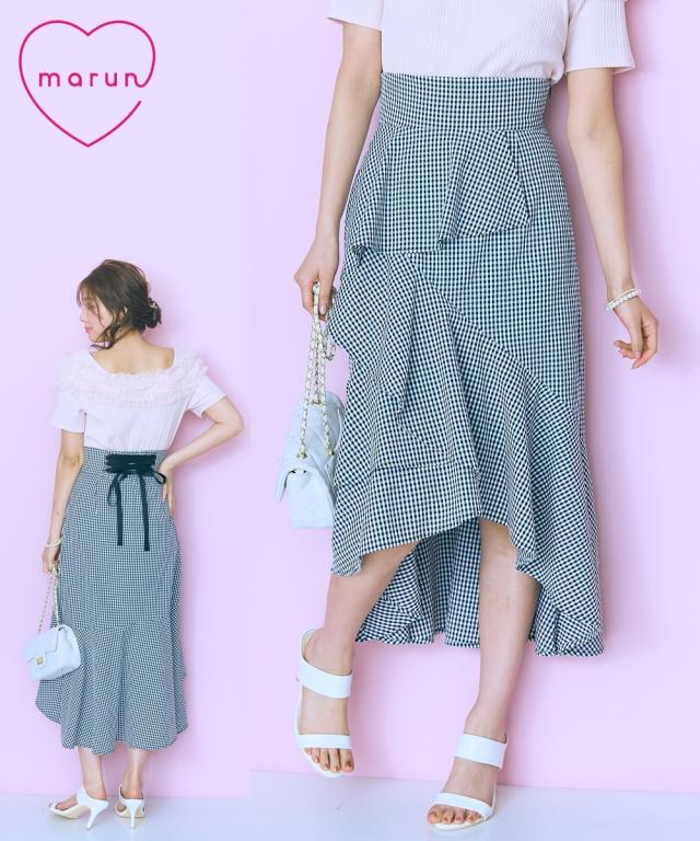ロングスカート レディース ギンガムチェックティアード スカート marun 夏 マキシスカート 長め ロンスカ | 6L/8L/10L | ニッセン nissen