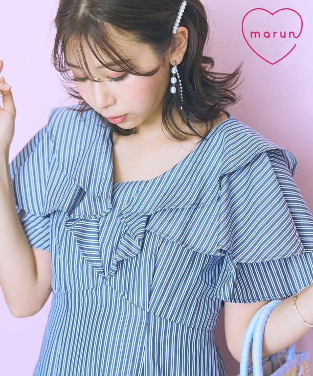 ワンピース ロング マキシ レディース フリル デザイン ストライプ marun 夏 ひざ下 | L/LL/3L/4L/5L | ニッセン nissen