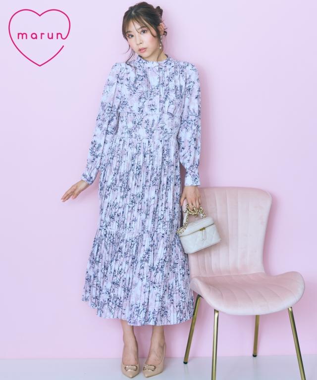 ワンピース ロング マキシ レディース フラワー プリント プリーツ デザイン 長袖 marun ひざ下 | 6L/8L/10L | ニッセン nissen