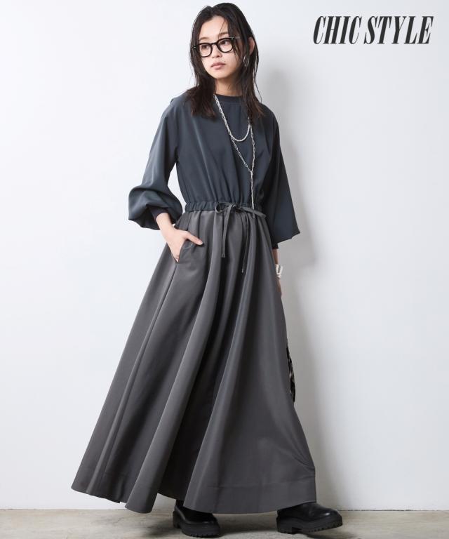 ワンピース ロング マキシ レディース リブ使い異素材ドッキング シックスタイル 春 秋 ひざ下 | 6L/8L/10L | ニッセン nissen