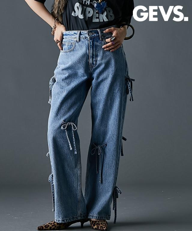 ストレートパンツ レディース 綿100％ リボンディティール デニム パンツ GEVS. 春 夏 秋 冬 美脚 ボトムス | ウエスト73/76/80/84/88cm | ニッセン nissen