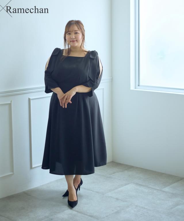 ワンピース ロング マキシ レディース らめちゃんコラボ ウエスト タック肩リボン ひざ下 | L〜6L | ニッセン nissen