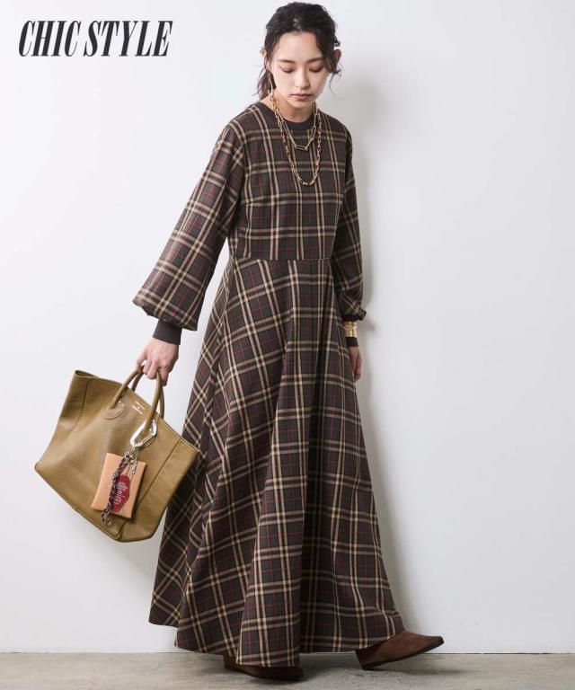 ワンピース ロング マキシ レディース チェックパフスリーブ シックスタイル ひざ下 | M〜5L | ニッセン nissen