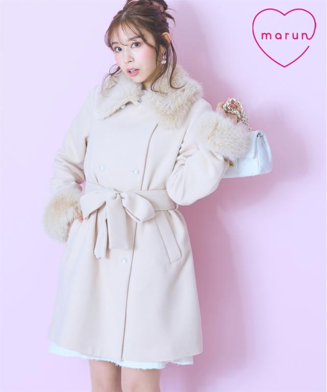コート アウター レディース 衿元フェイクファーリボン ベルト フレア marun 春 秋 冬 | L/LL/3L/4L/5L | ニッセン nissen
