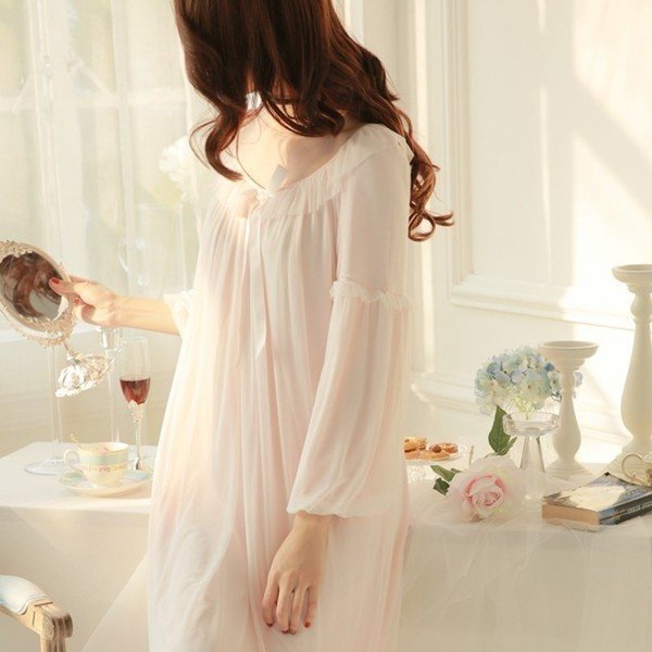 レディース 姫系 ネグリジェ  チュール 長袖 ワンピース ルームウェア マキシ丈 レース ロマンティック ナイティー 寝巻き ナ