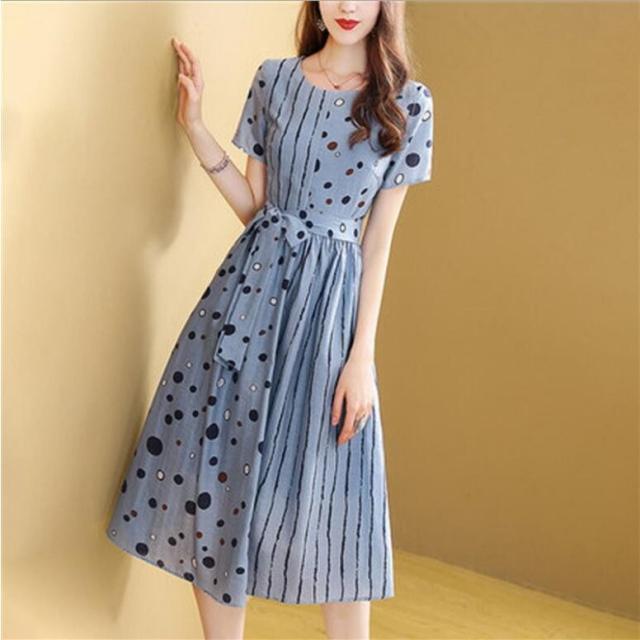 ワンピース レディース きれいめ 夏 膝丈ワンピース 半袖 ドット柄 フレア シフォン ハイウエスト ドレス 韓国風 オシャレ 通勤 大人 OL 上品 着痩せ