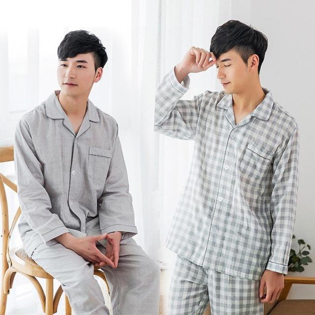 パジャマ メンズ 夏 綿100％ ガーゼ 長袖 長ズボン 紳士パジャマ 上下セット 色柄おまかせ 男性用パジャマ  前開き