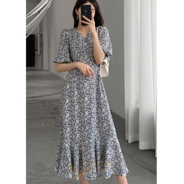ワンピース レディース 40代マキシ丈ワンピース 春夏 半袖ワンピース パフスリーブ 花柄 Vネック シフォンフレアスカート 韓国風 オシャレ通勤 大人上品 30代
