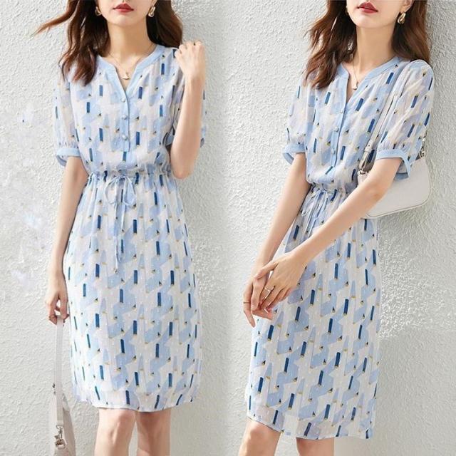 シフォンワンピース レディース 40代 キレイめ 配色 マキシ丈ワンピース 春夏 半袖ワンピース  Vネック 通勤 上品 着痩せ