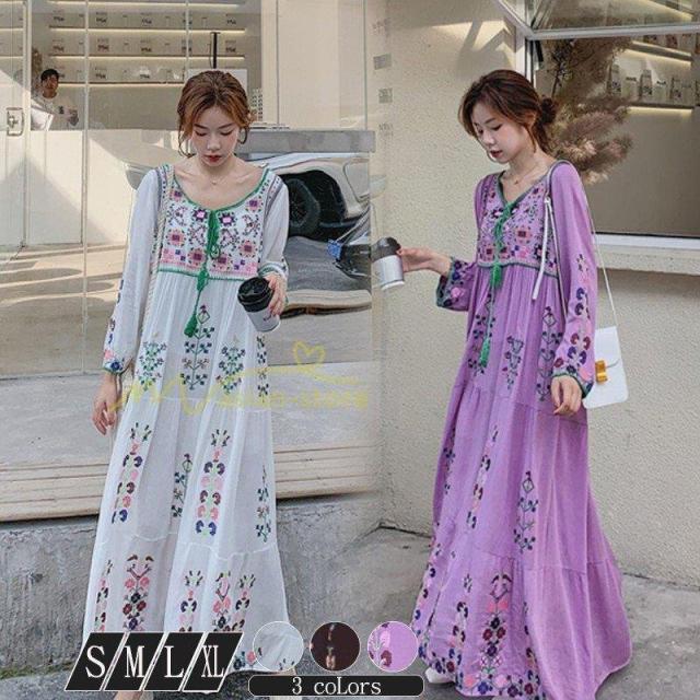 ワンピース リゾートワンピ レディース ボヘミア風　休暇 長袖 無地 マキシ丈 復古風 上品 体型カバー  花柄 刺繍 Vネック ホワイト ブラック　パプール